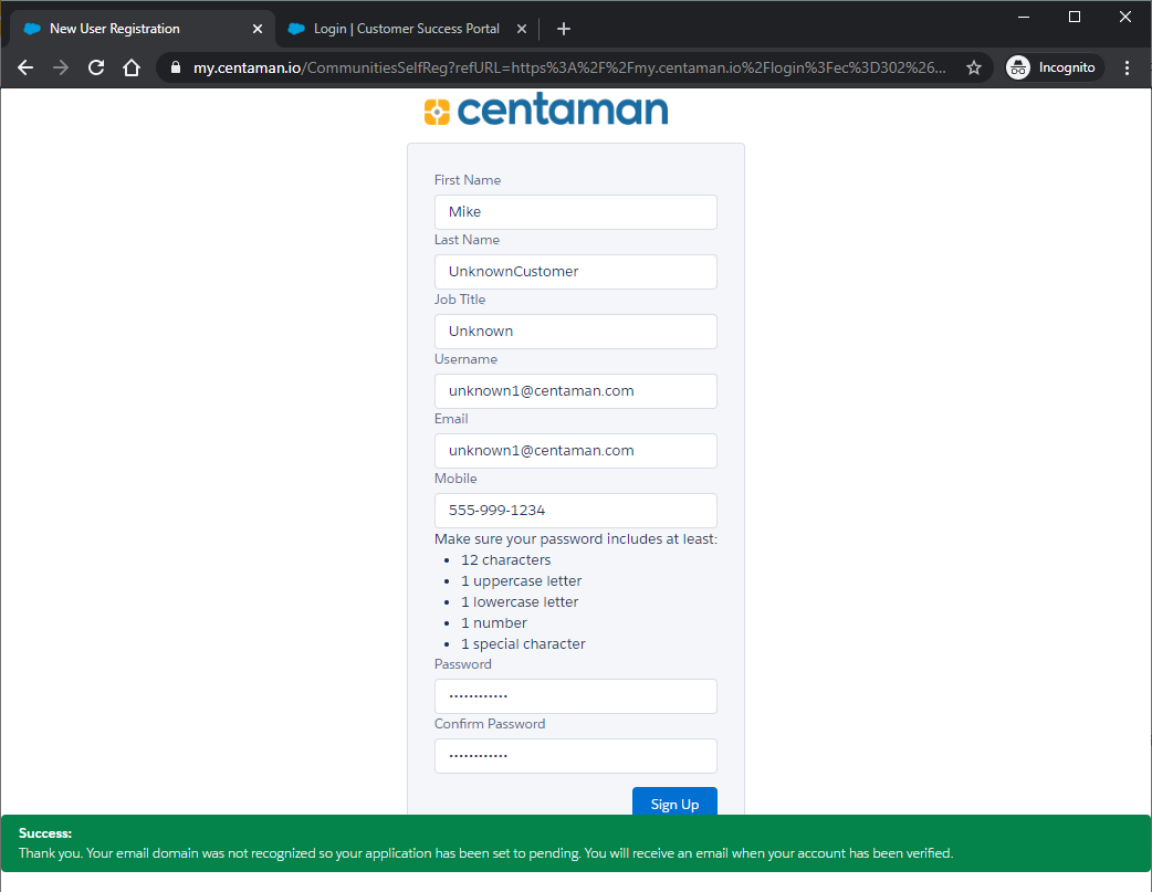 Registering at the Centaman Customer Success Portal
